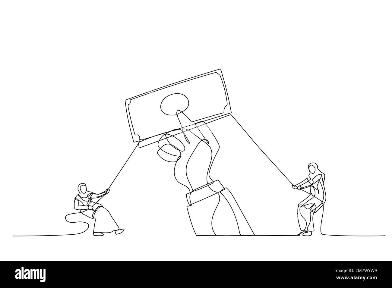 Drawing of arab businesswoman pull money in the hands of giants ...
