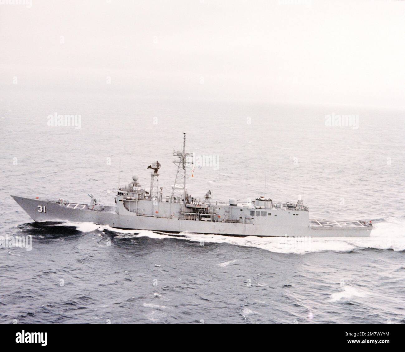 An aerial port beam view of the guided missile frigate STARK (FFG 31 ...