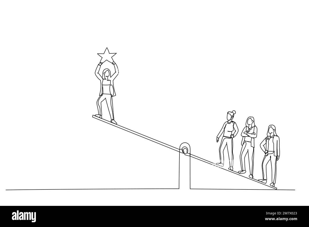 Drawing of businesswoman on a swing and outweighs them to get a star ...