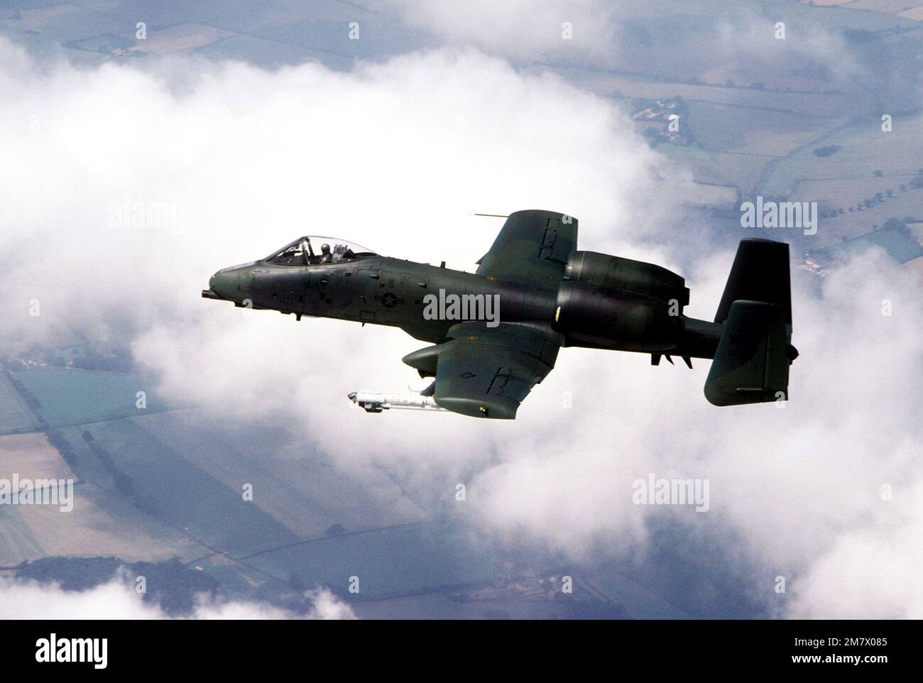 A high angle left side view of an A-10 Thunderbolt II aircraft in ...