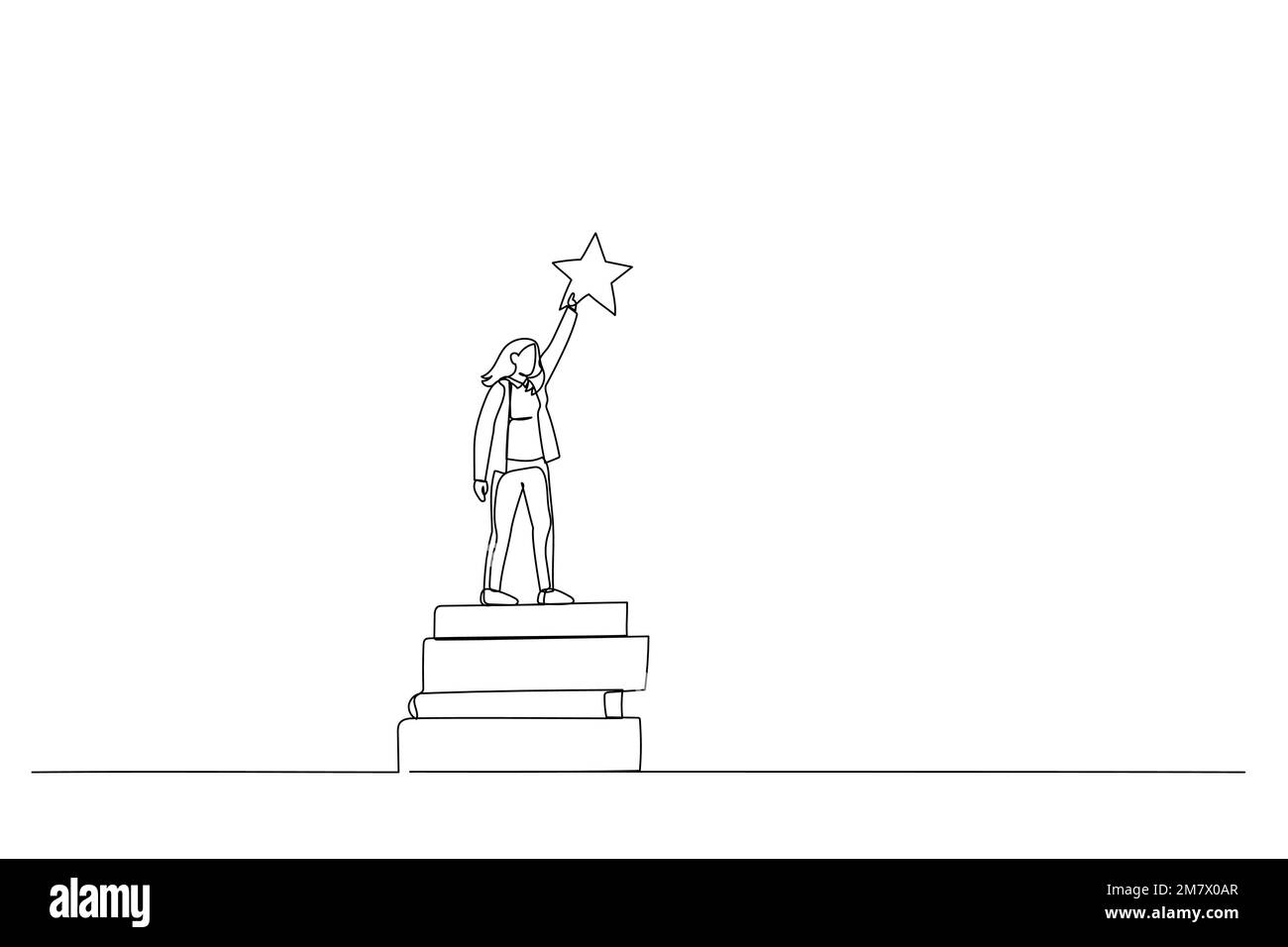 Drawing of businesswoman reach out for the stars by using books as the ...