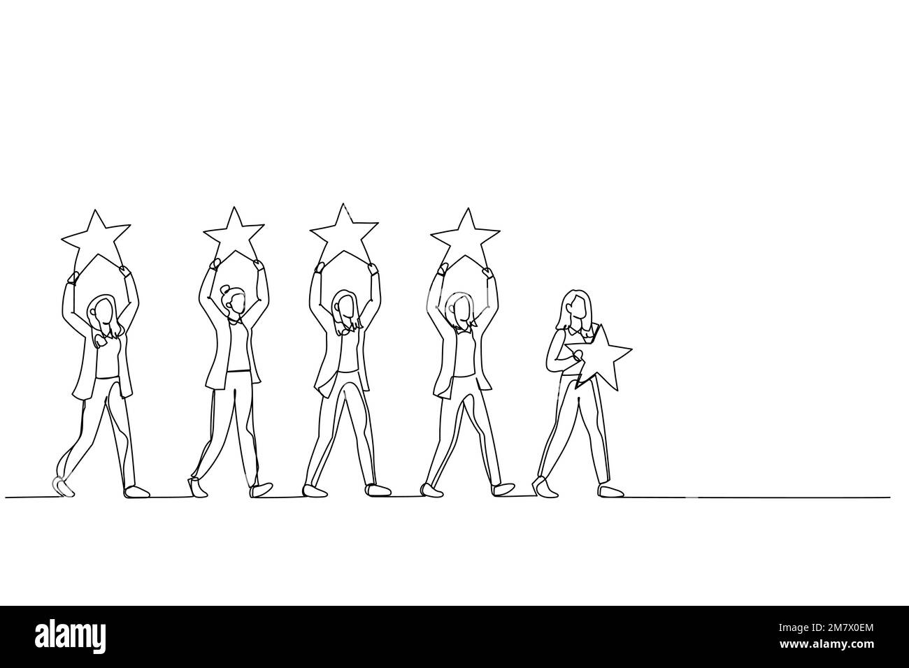 Cartoon of businesswoman giving a five star rating. Continuous line art ...