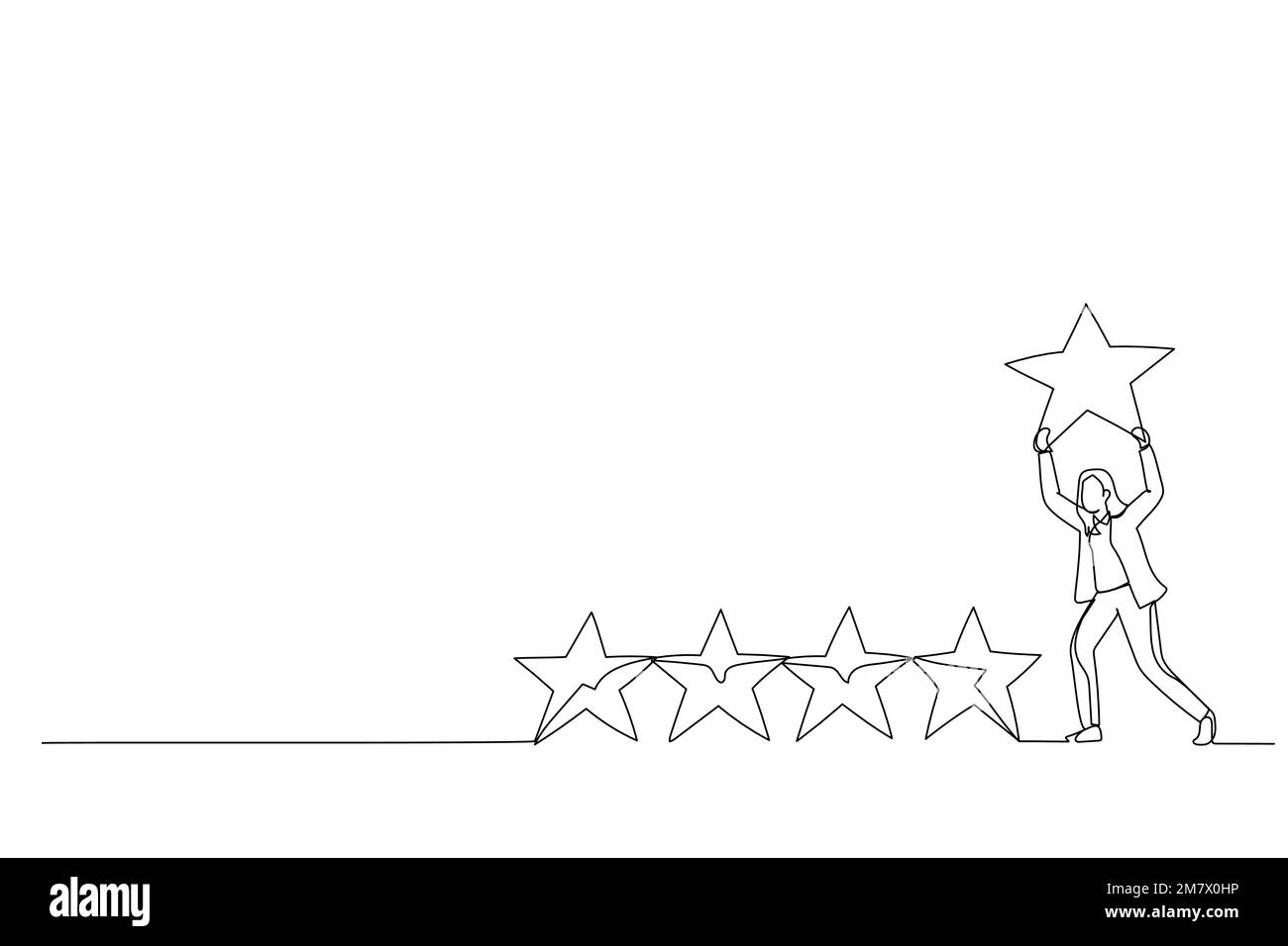 Cartoon of businesswoman holding golden yellow star to added to 5 stars ...