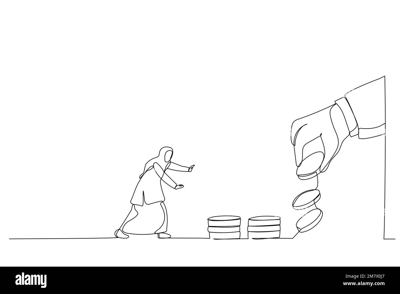 Drawing of big hand use dollar coin to entice arab businesswoman ...