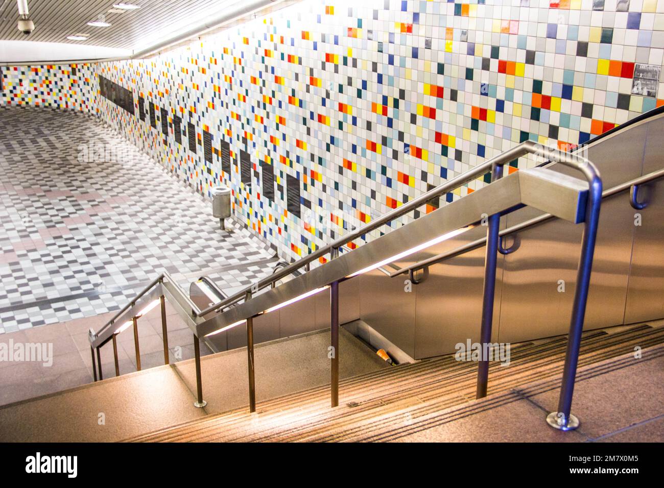 The interior of a metro station in Los Angeles with colorful checkered ...