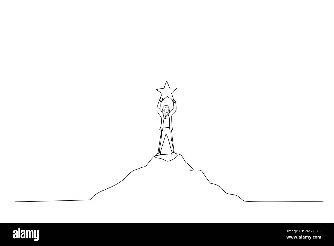 Drawing of businesswoman standing at top of hill and touching bright ...