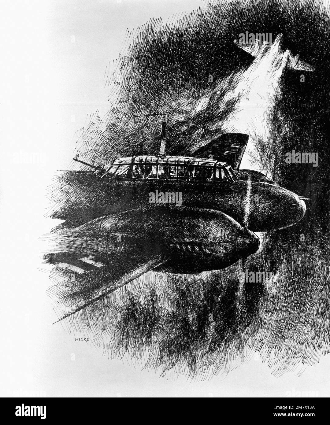 Artwork: "A Night Fighter Shoots Down a British Bomber" Artist: Alfred ...