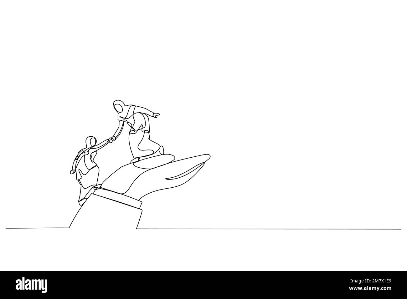 Drawing of arab woman helps companion climb to the giant hand. Single ...