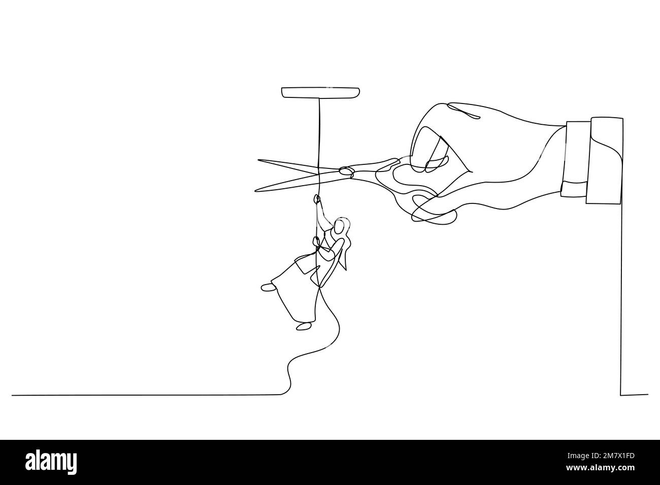 Drawing of muslim woman climbing on rope meanwhile a giant hand with ...