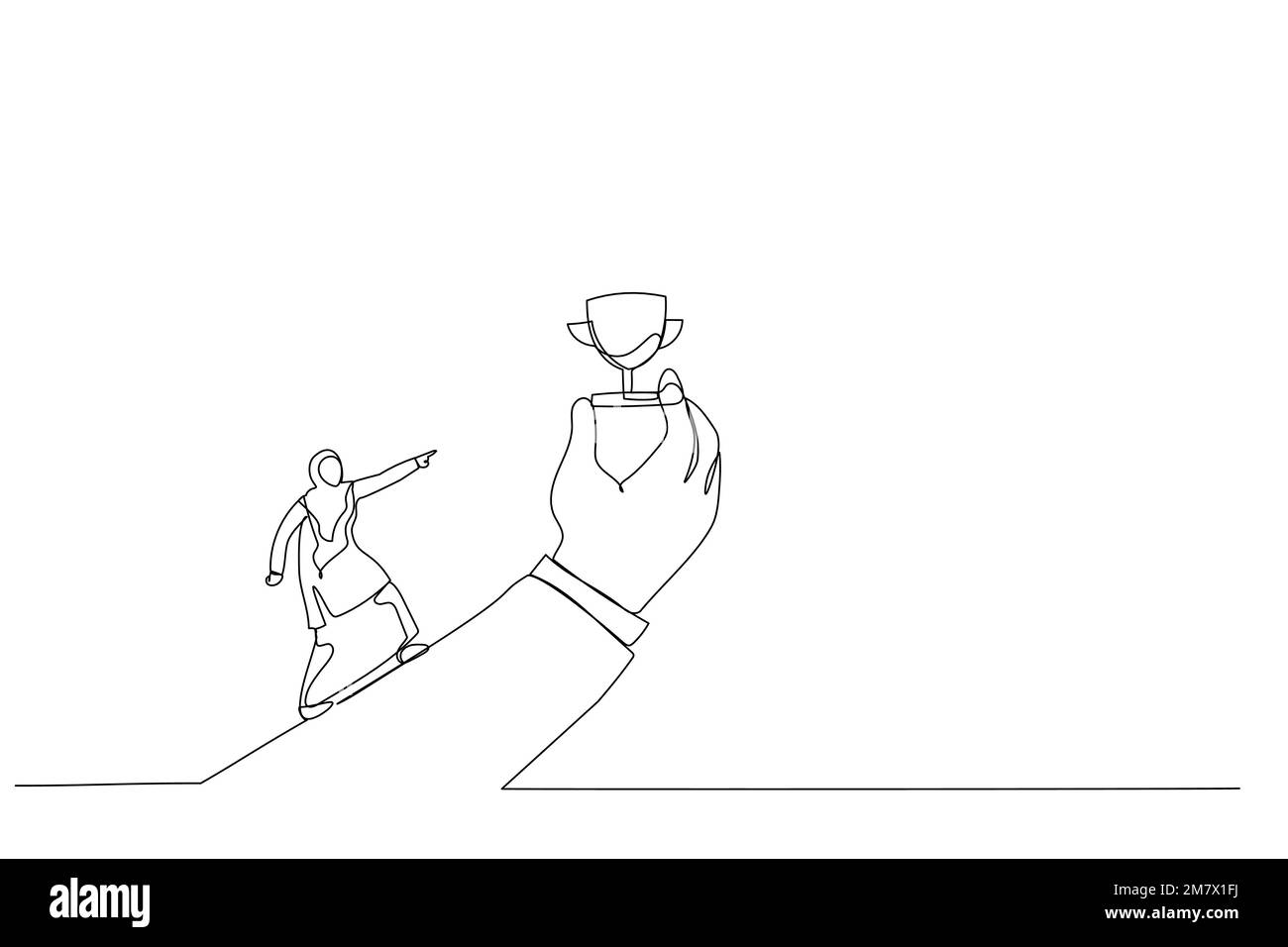 Drawing of aran woman run with full effort to reach trophy cup in giant ...