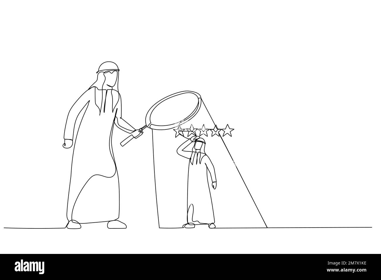 Drawing of arab businessman manager use magnifier to analyze employee ...