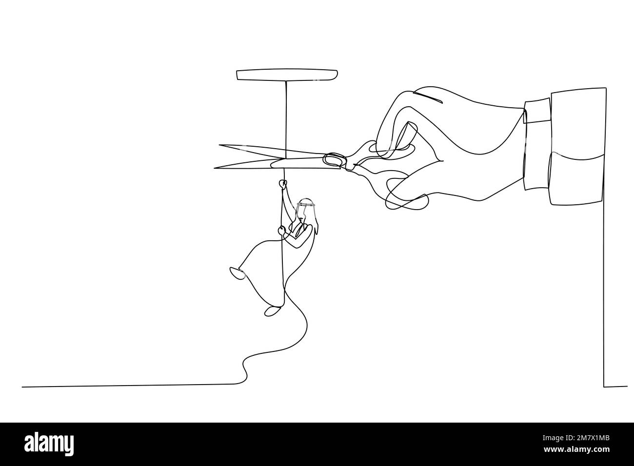 Drawing of arab businessman climbing on rope meanwhile a giant hand ...