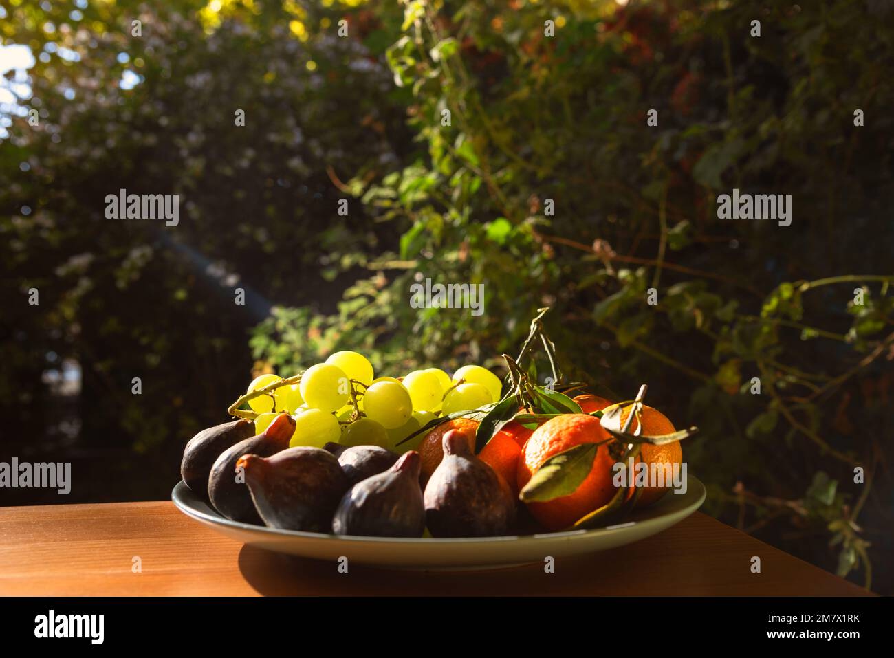 Colorful organic fruits on sunset light on plate outdoor on table of ...