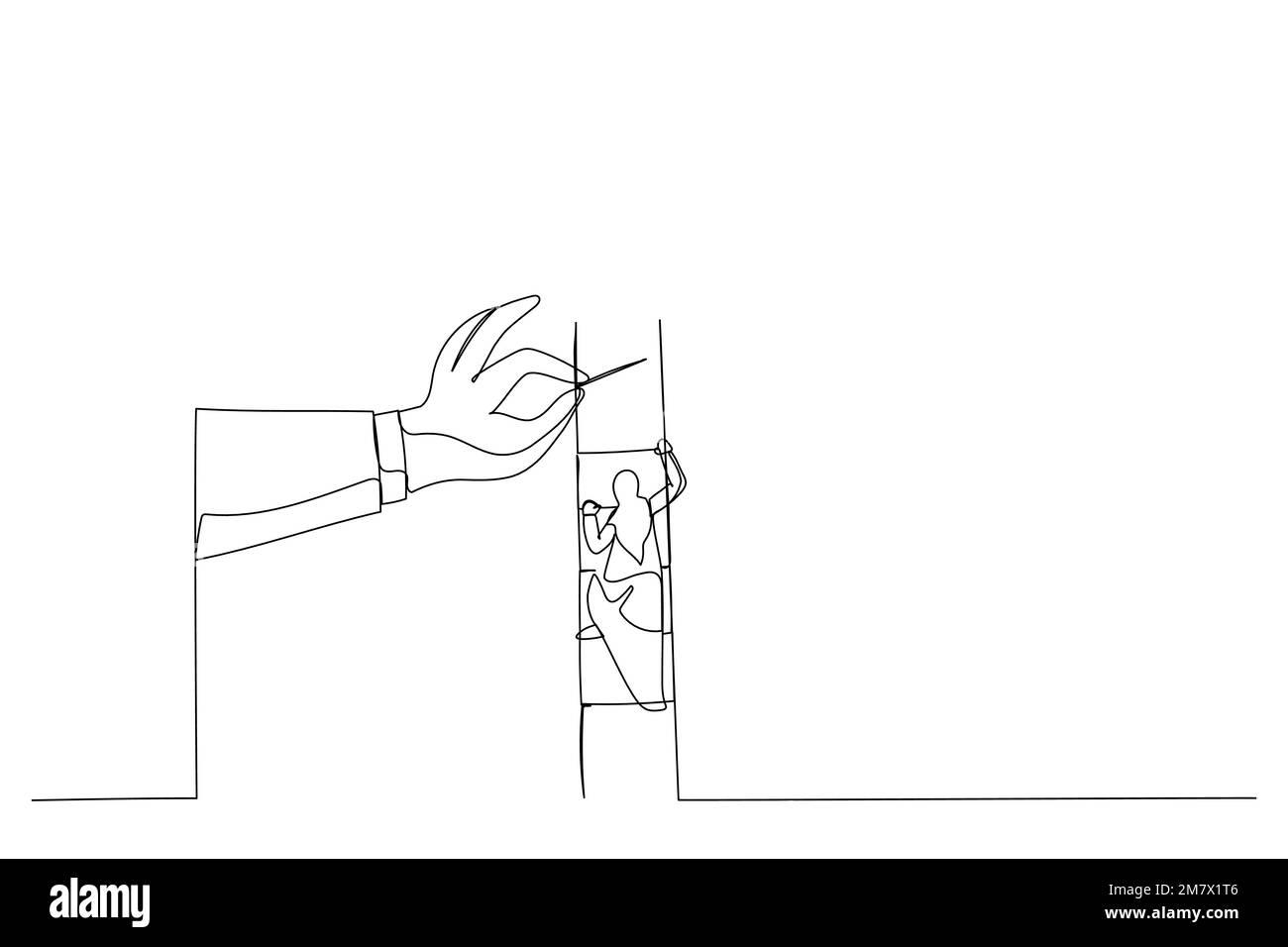 Cartoon of big hand help arab woman build ladder. One line art style ...