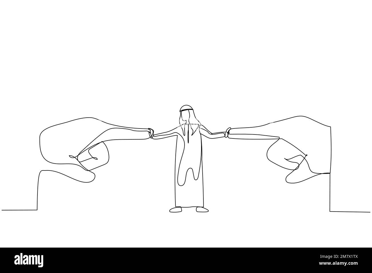 Drawing of arab man resisting pressure from two pointing giant hand ...