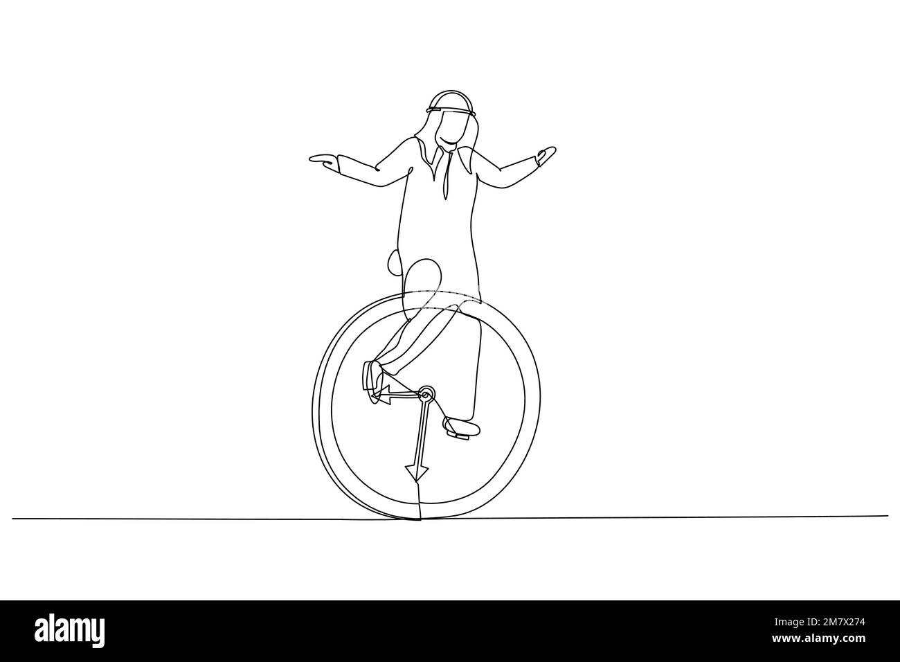 Drawing of arab businessman riding vintage clock bicycle. Time ...