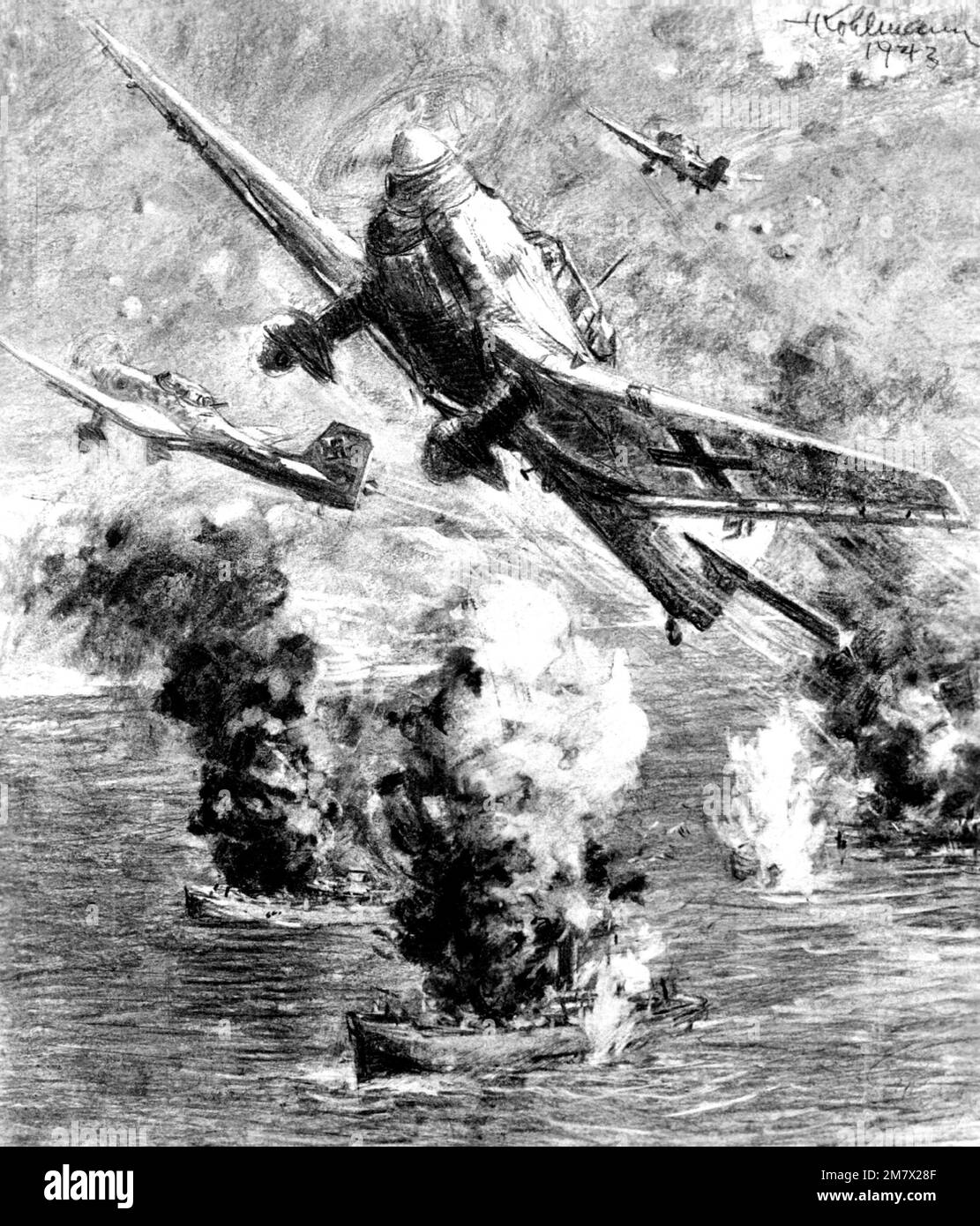 Artwork: "Stuka Attack on a Ship Convoy" Artist: Hermann Kohlmann ...