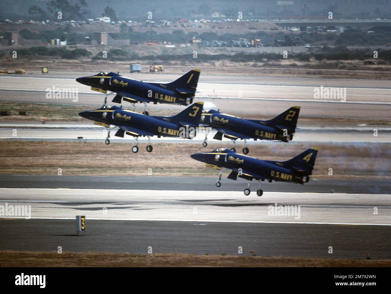 Four A-4 Skyhawk aircraft from the U.S. Navy's Blue Angels Flight ...