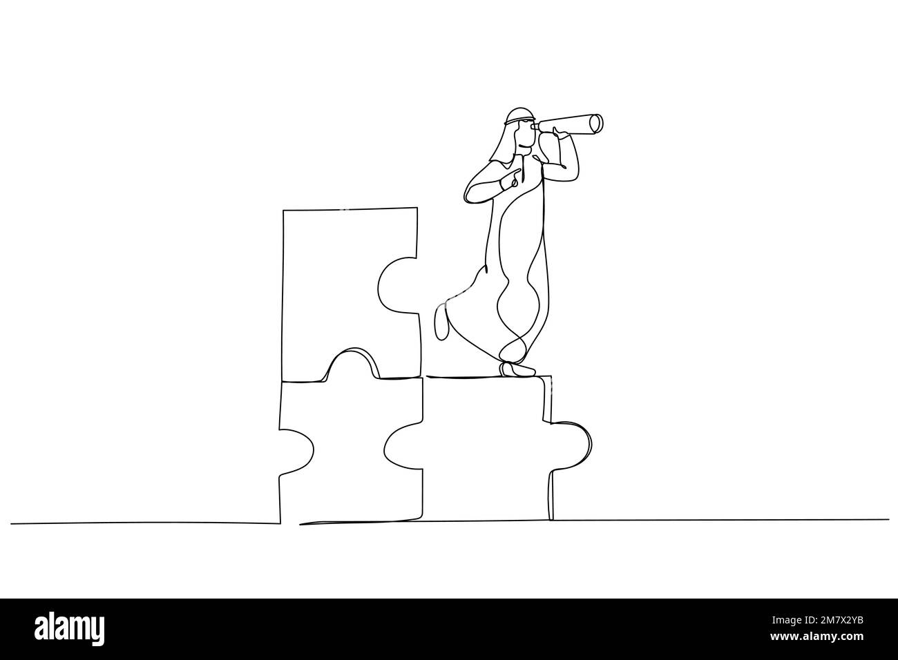 Drawing of arab businessman standing on uncompleted jigsaw looking for ...