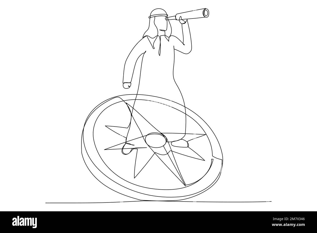 Drawing of arab businessman standing on compass showing direction ...