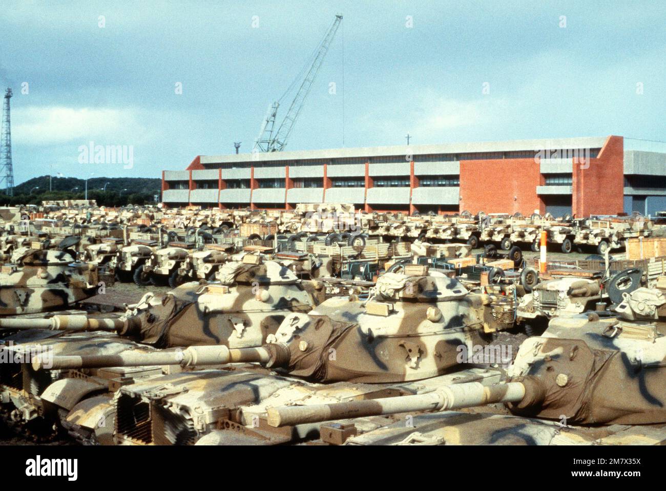 Tanks and vehicles of the 7th Marine Amphibious Brigade are lined up in ...