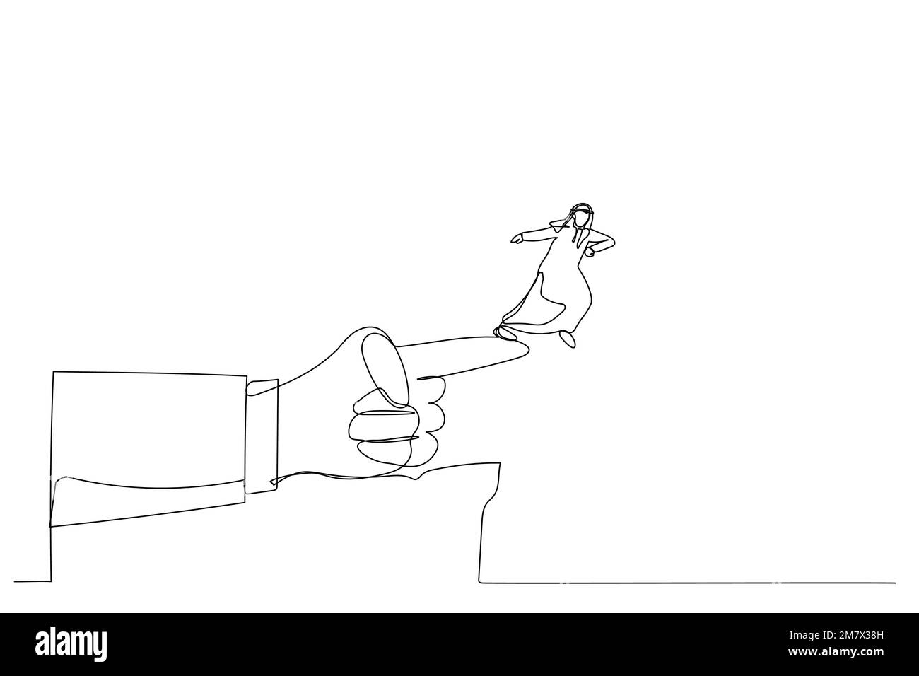 Drawing of giant hand pointing to the wrong way to a arab man. Single ...