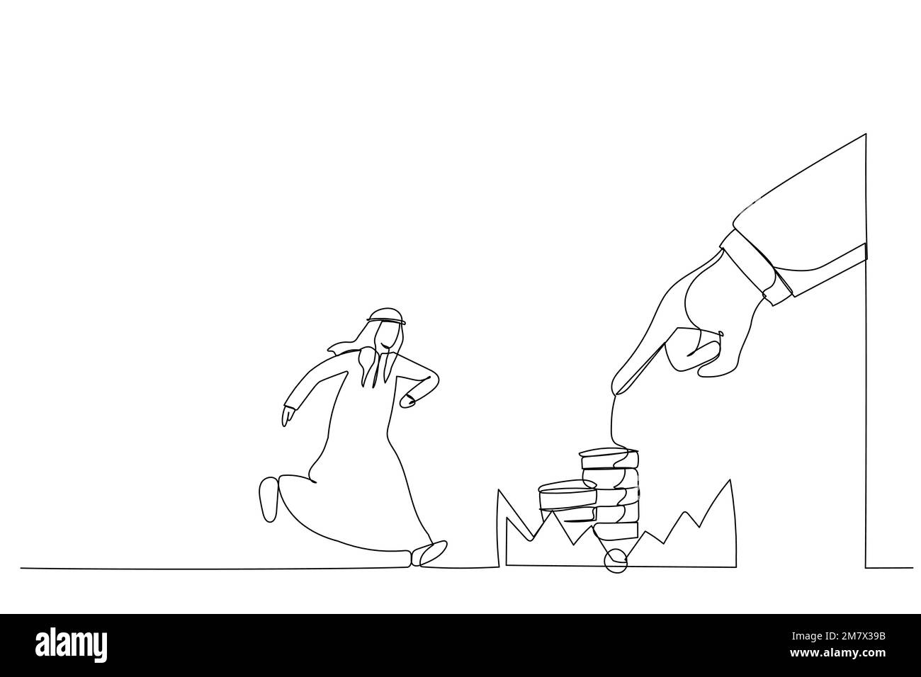 Drawing of arab man running to catch the coin money in the steel bear ...
