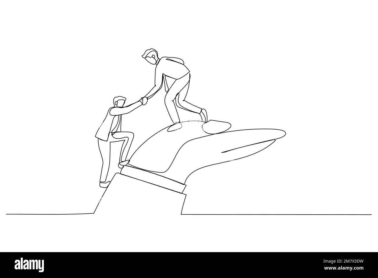 Cartoon of businessman helps companion climb to the giant hand ...