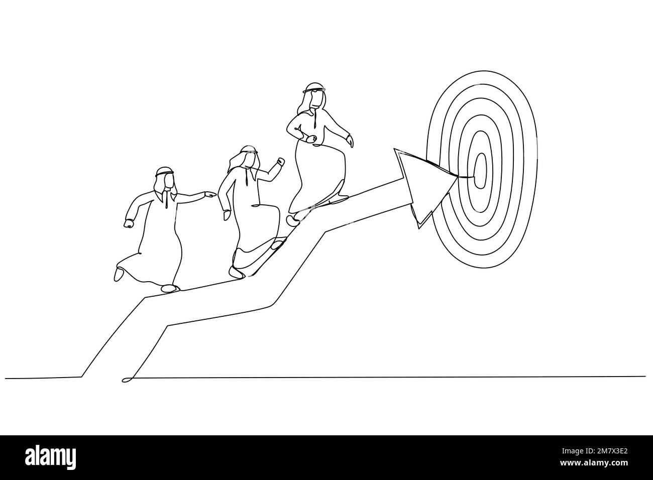Cartoon of arab business man coworkers walking up arrow to reach target ... Cartoon of arab business man coworkers walking up arrow to reach target ...