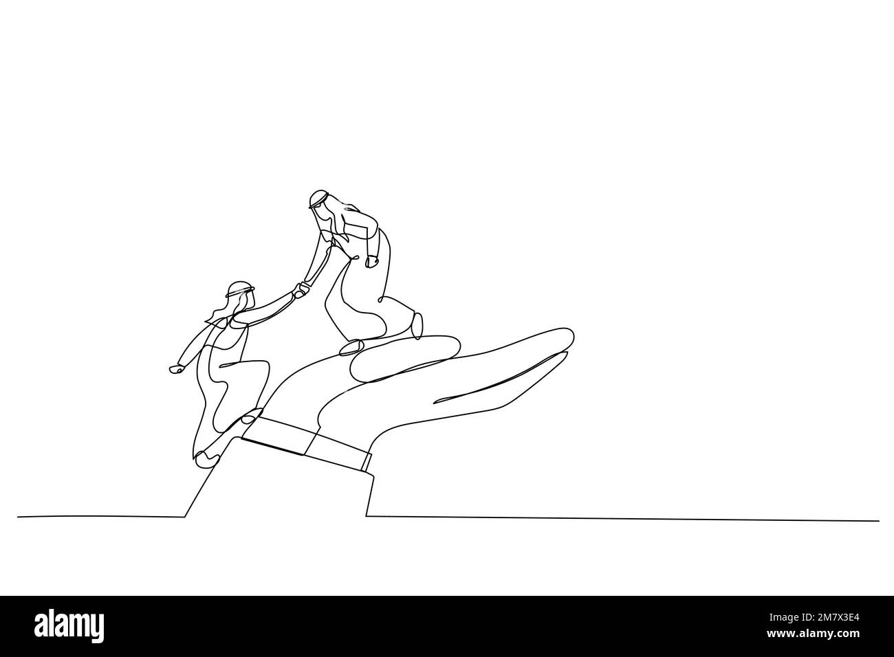 Cartoon of arab businessman helps companion climb to the giant hand ...