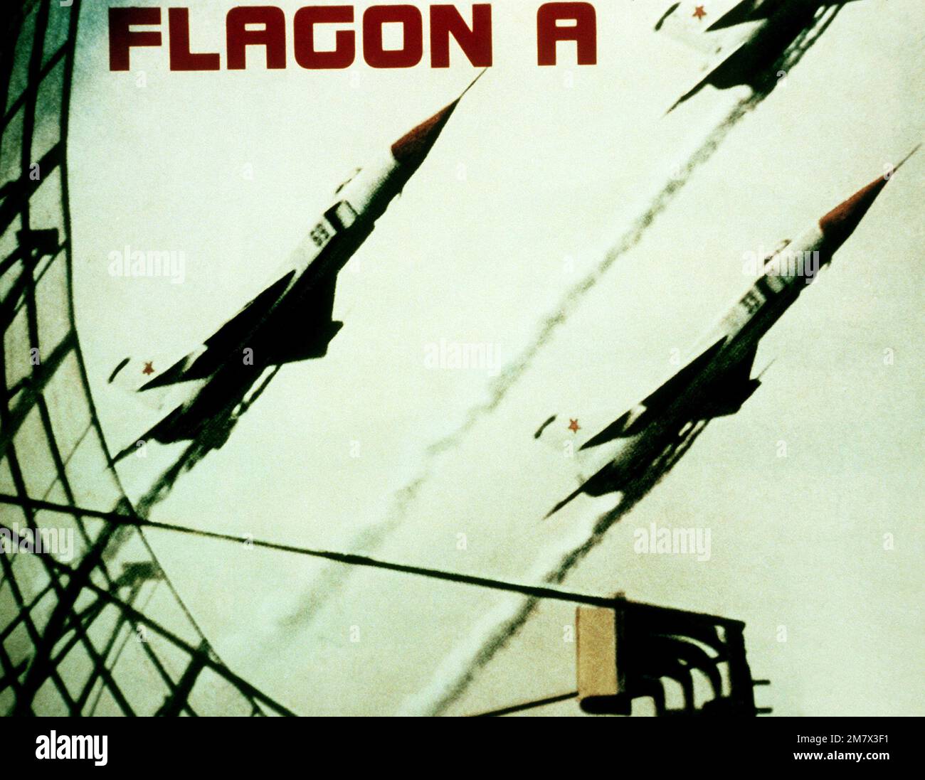 A right side view of two Soviet Su-15 Flagon-A aircraft in a steep ...