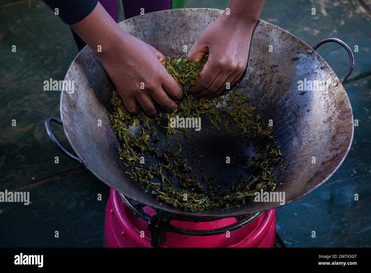 Kenyan Tea green leaves cooking drying up processing traditional way ...