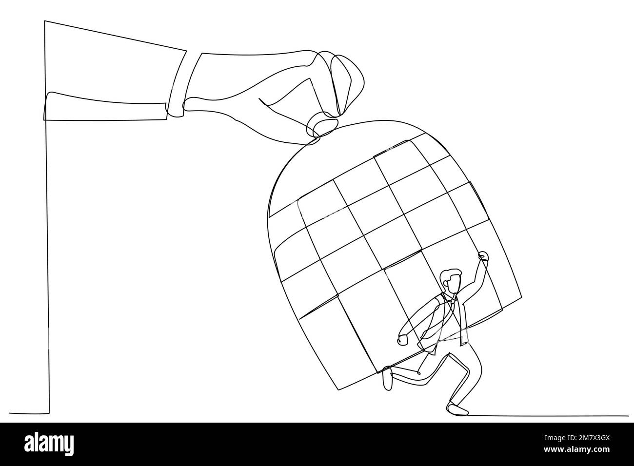 Drawing of giant hand capturing a running businessman with birdcage ...