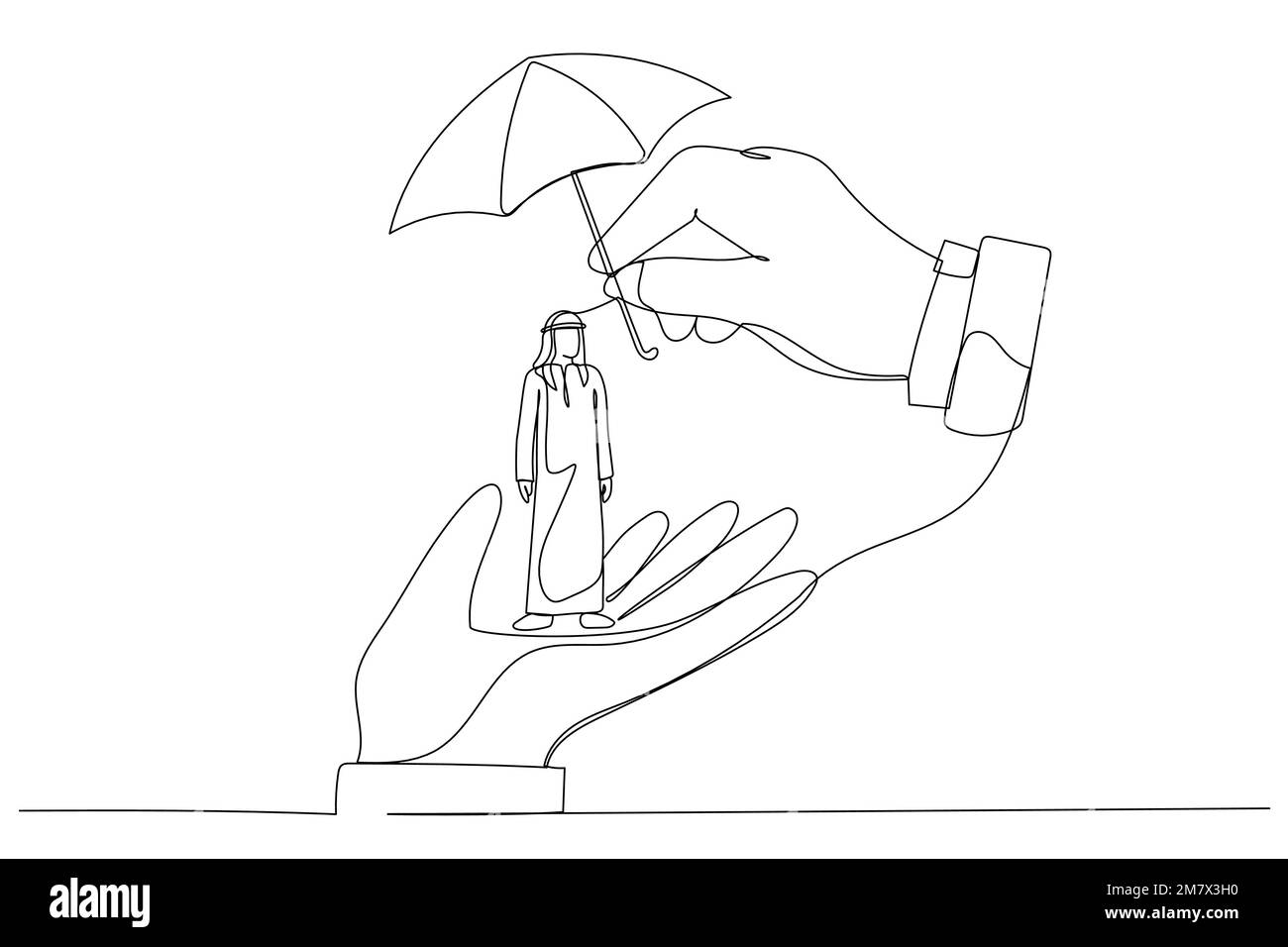 Drawing of boss hand holding tiny arab businessman workers. Metaphor ...