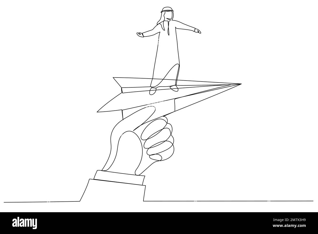 Cartoon of huge hand holding paper plane and take off with arabian man ...