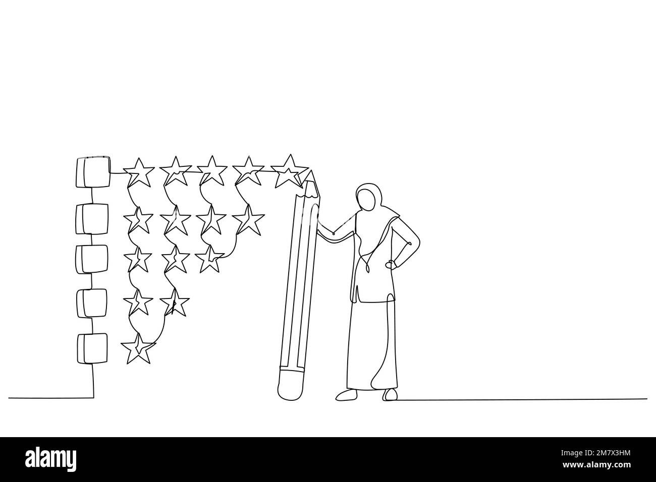 Drawing of muslim woman holding pencil to evaluate star feedback ...