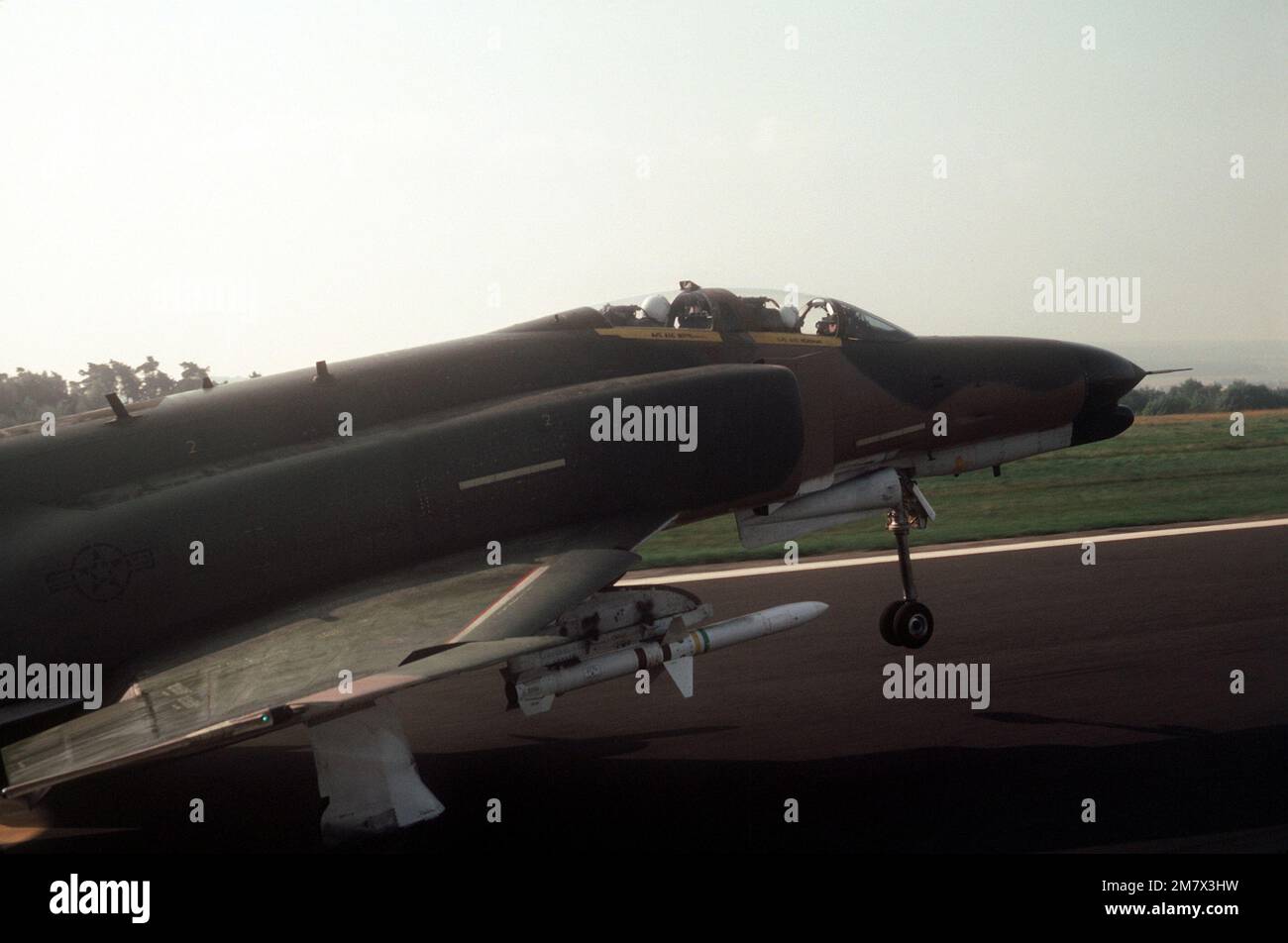 A view of an F-4G Phantom II aircraft taking off. The aircraft, from ...