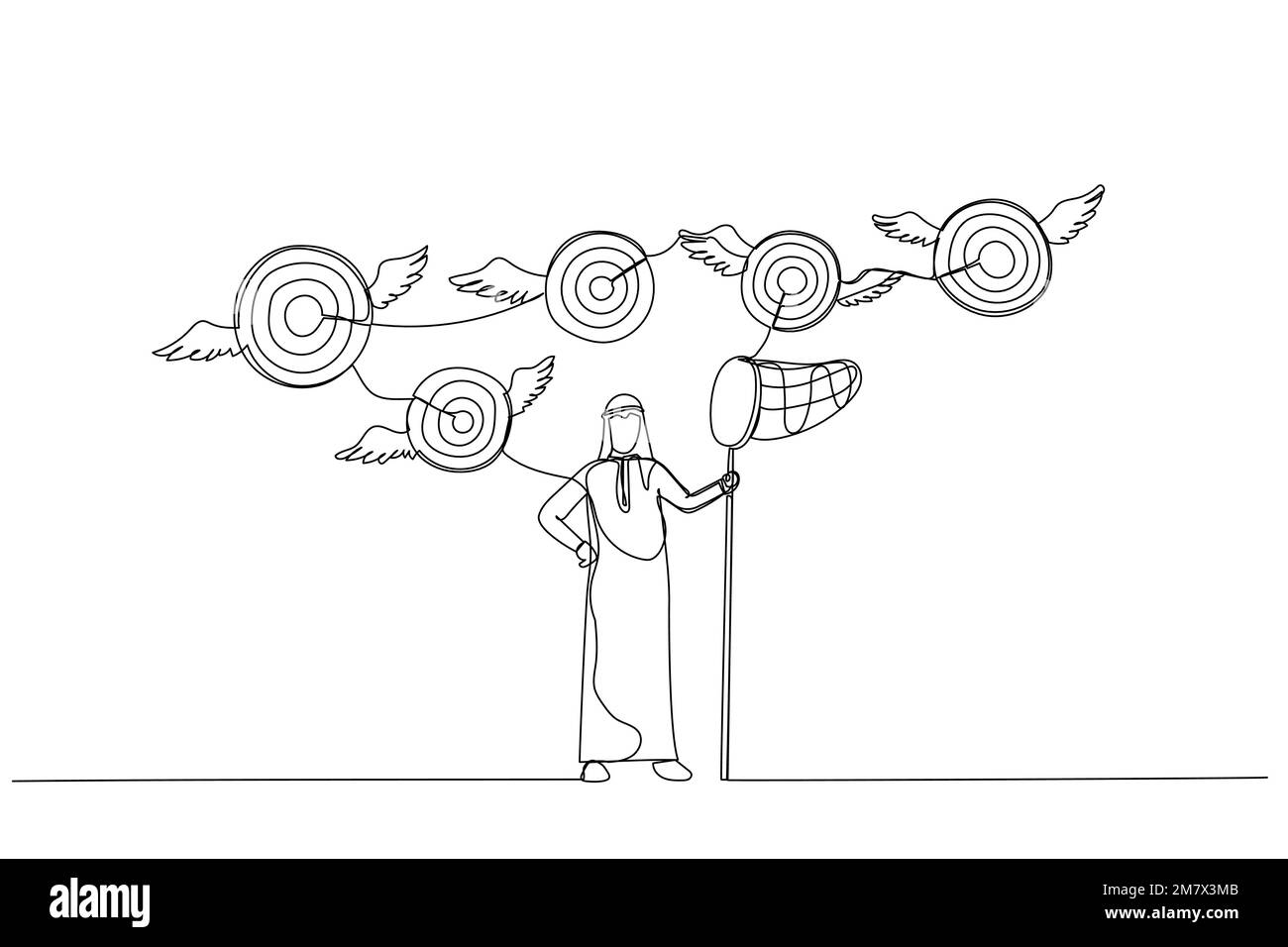 Cartoon of arab businessman try to catch flying target. One continuous ...