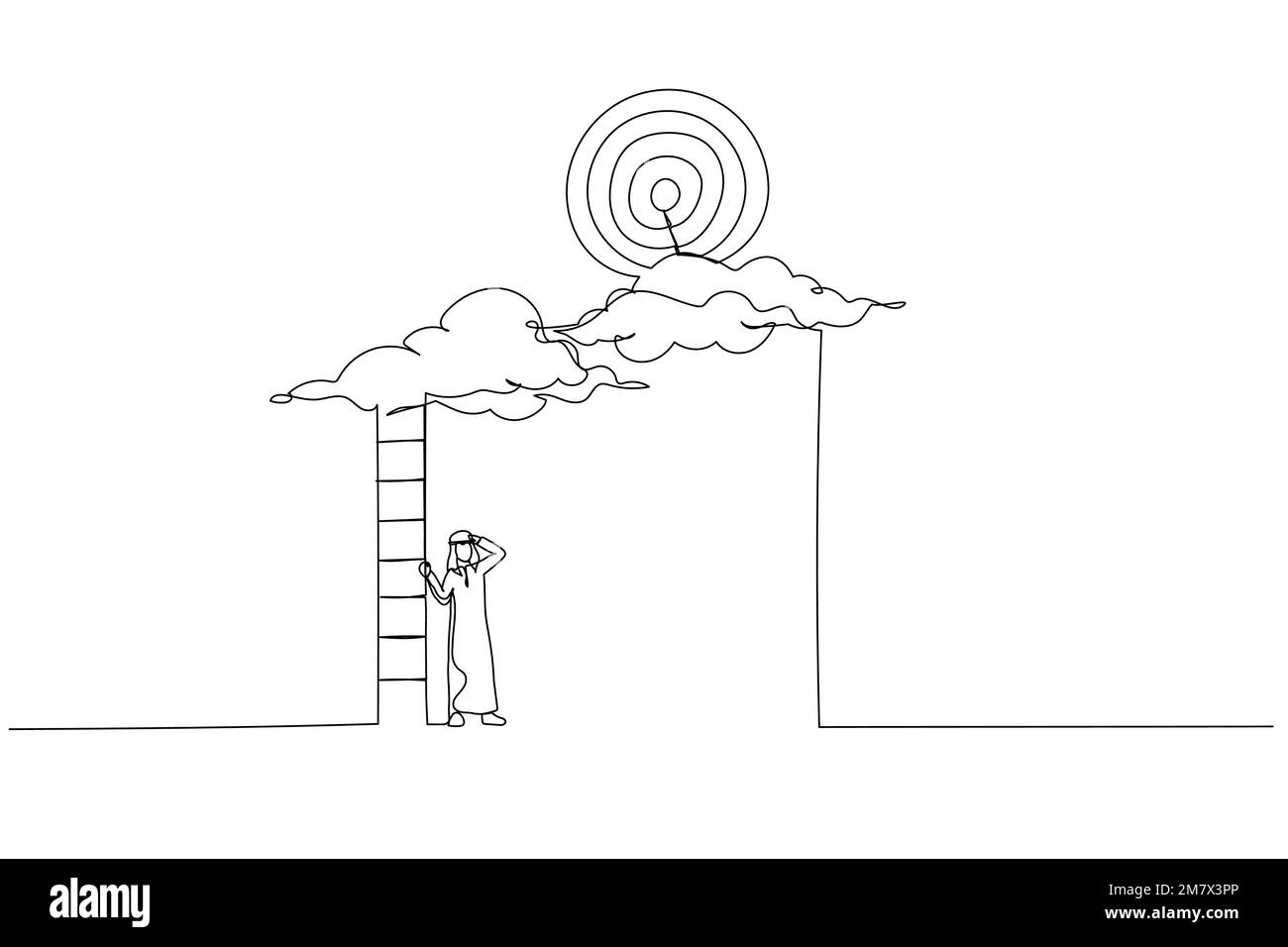 Drawing of hopelessness arab businessman with too short ladder cannot ...