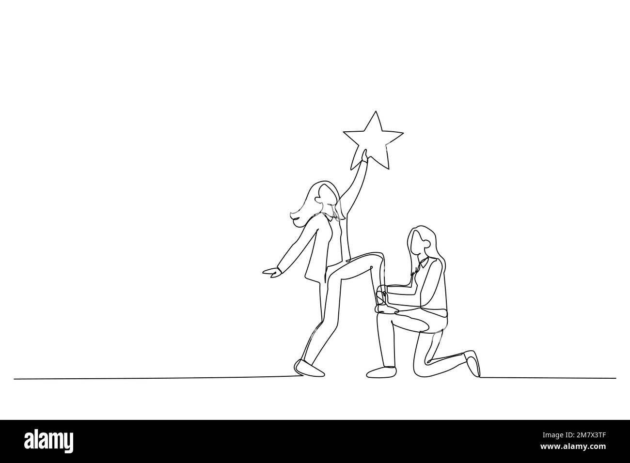 Drawing of businesswoman manager support colleague to stand on his knee ...