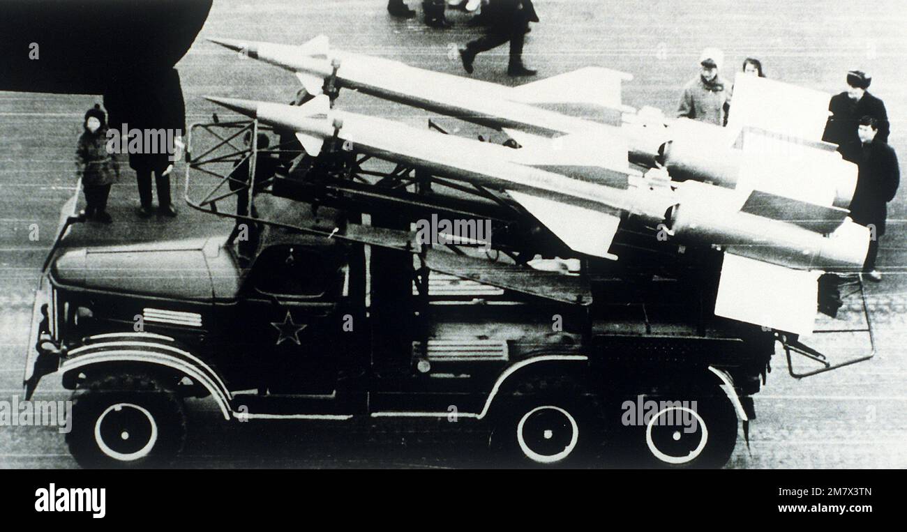A left side view of two Soviet SA-3 Goa surface-to-air missiles mounted ...