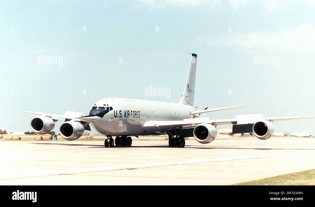 A left front view of a KC-135R Stratotanker aircraft retrofitted with ...