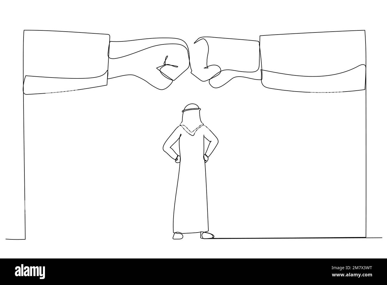 Illustration of arab businessman watching two giant fist clashed. One ...