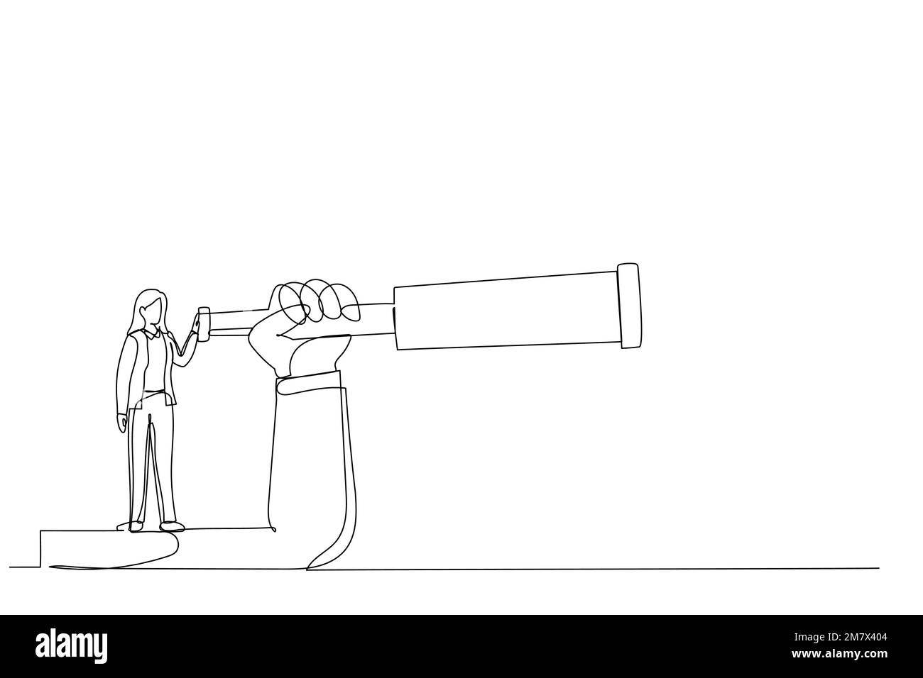 Cartoon of businesswoman climbed onto the giant arm to vision the ...