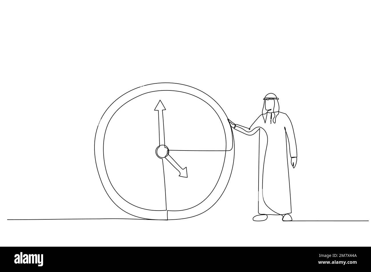 Drawing of arab businessman or manager is standing near a big clock ...