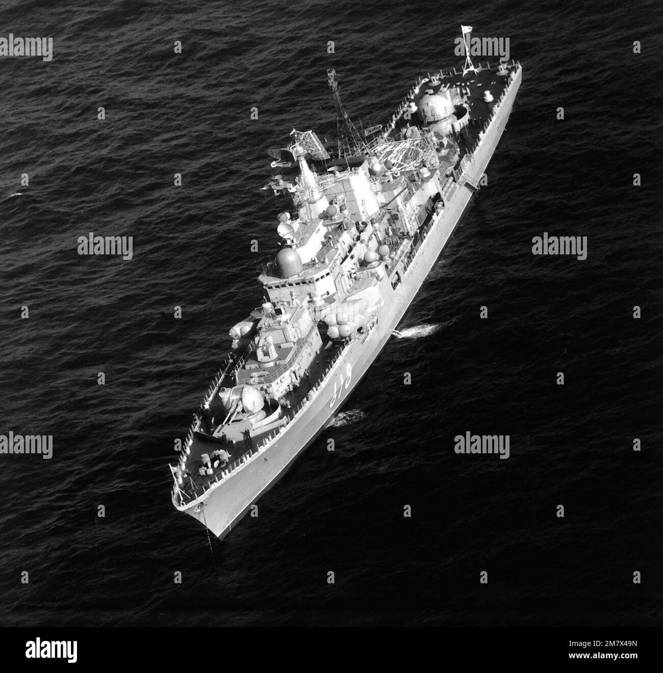 An aerial port bow view of the Soviet SOVREMENNYY class guided missile ...