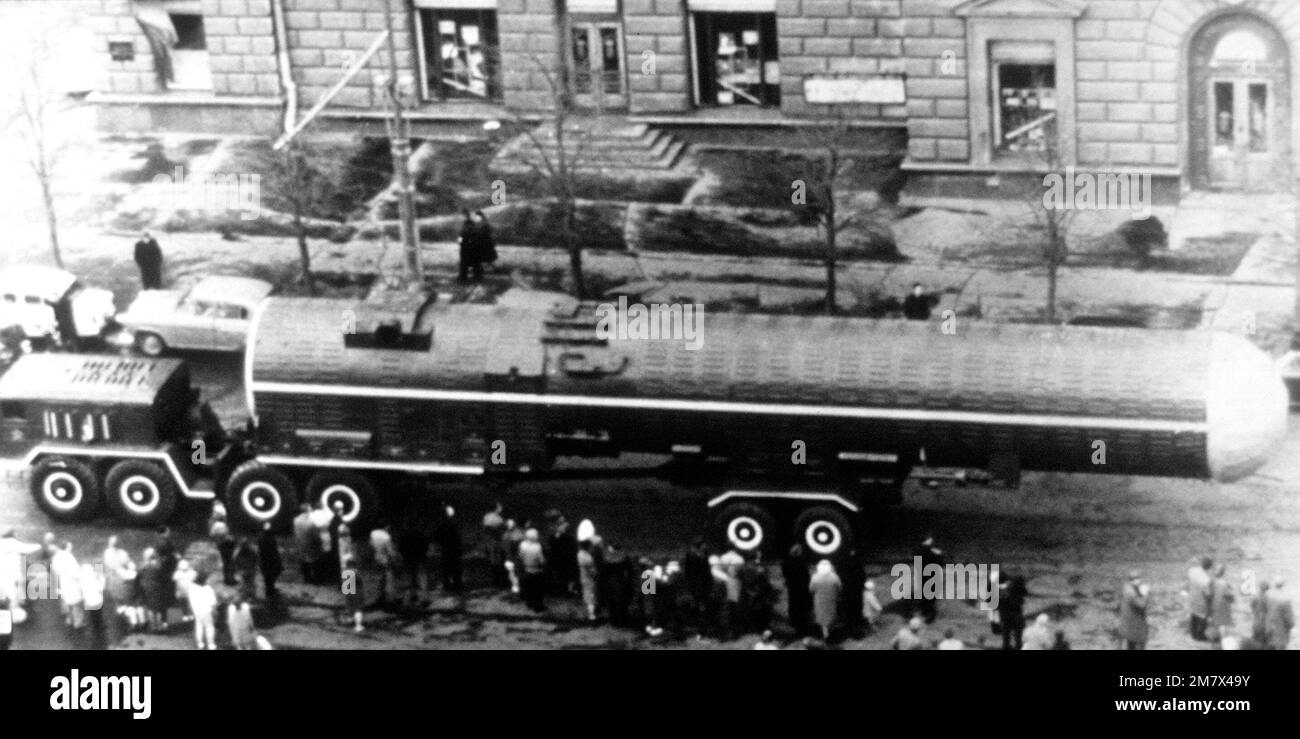 A view of a Soviet ABM-1B Galosh anti-ballistic missile in transporter ...