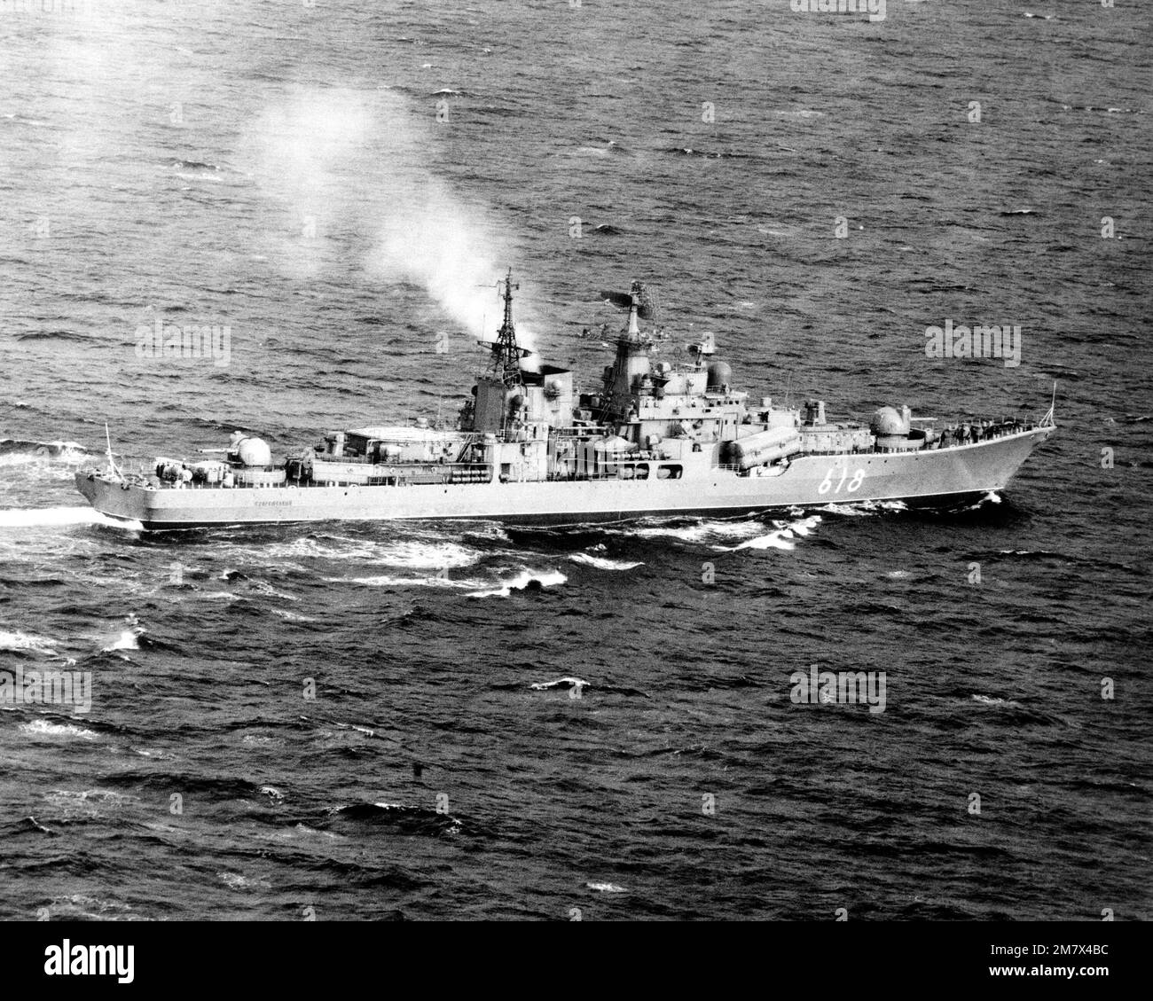 An aerial starboard quarter view of the Soviet SOVREMENNYY class guided ...