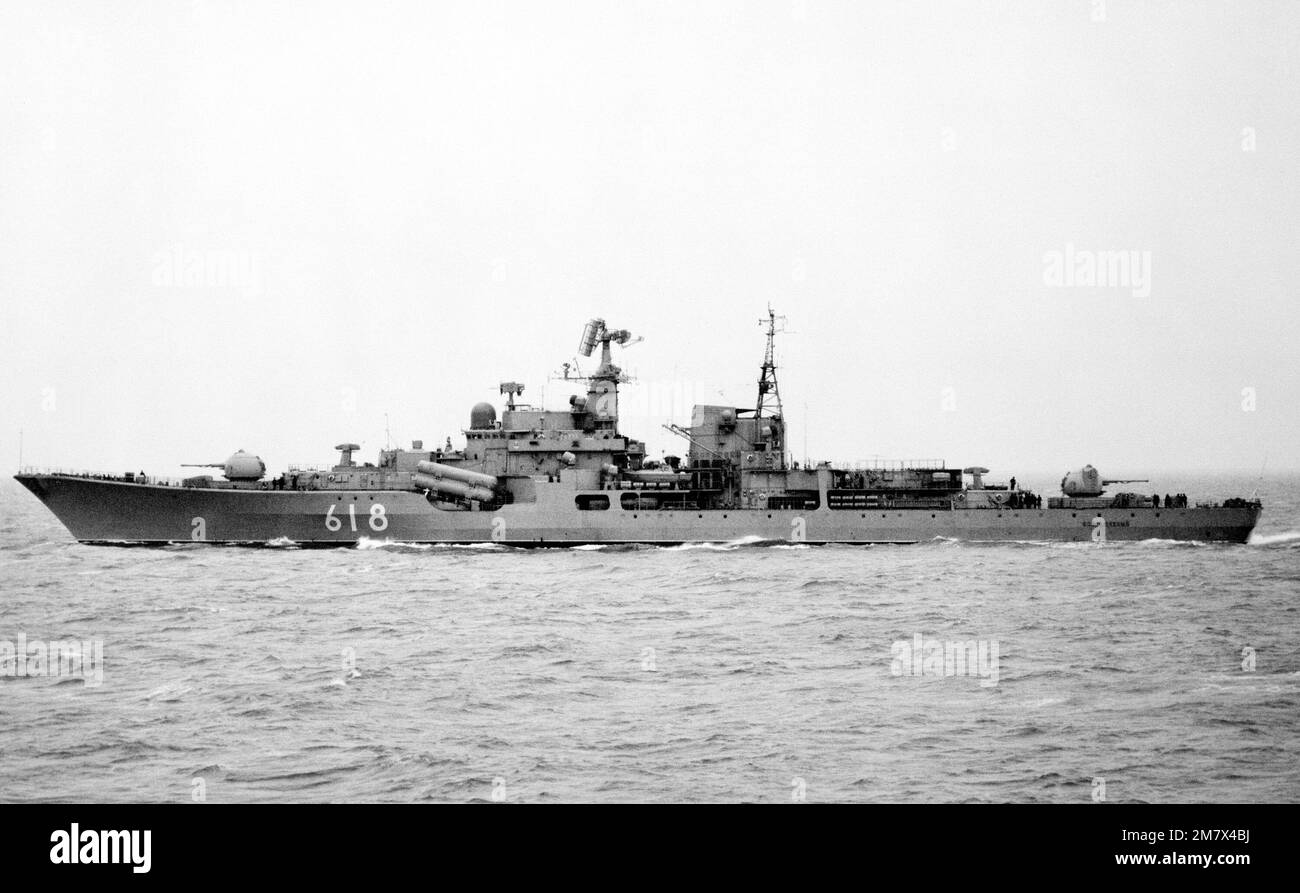 A port beam view of the Soviet SOVREMENNYY class guided missile ...