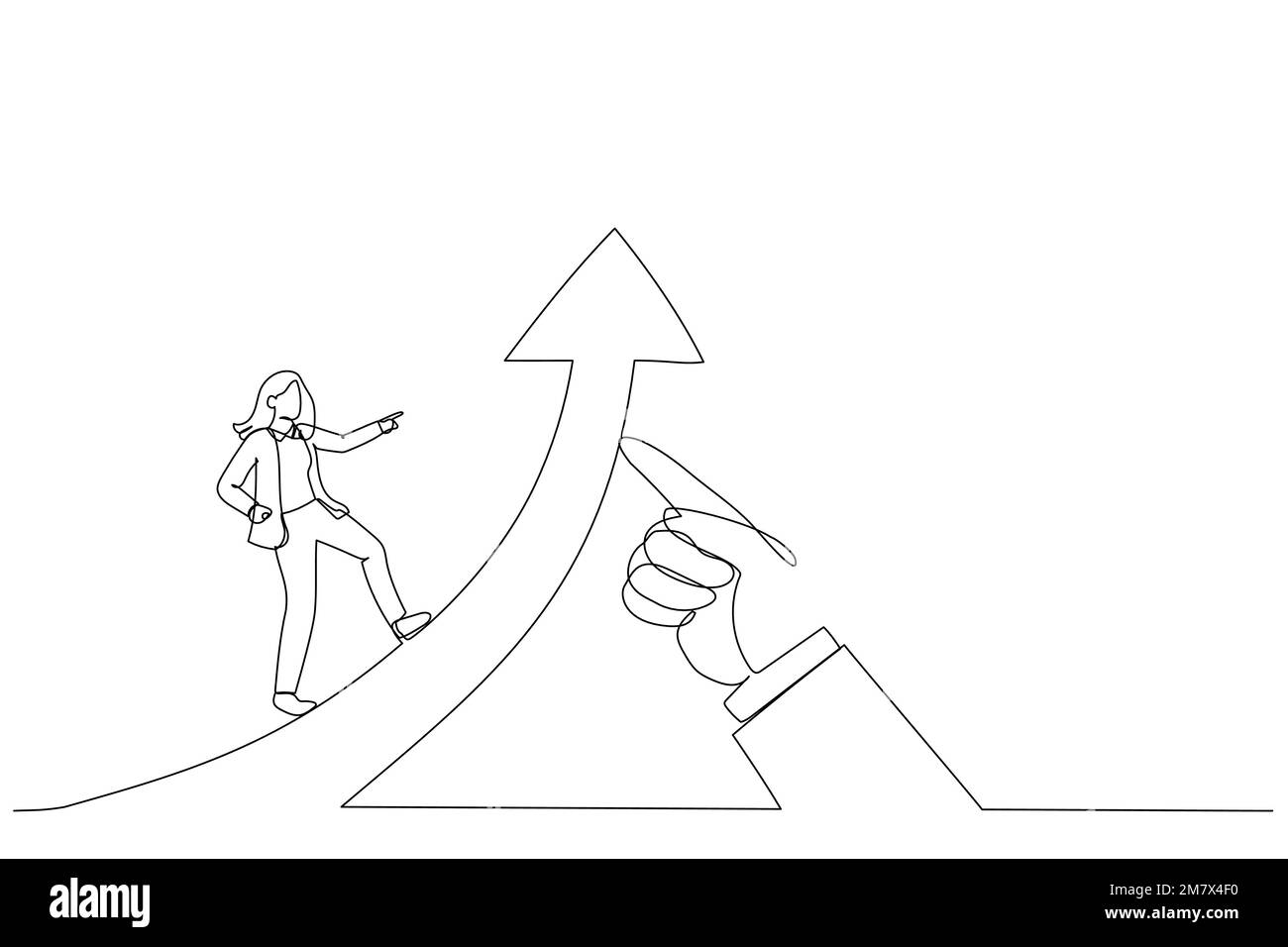 Illustration of businesswoman running on arrow of success raised by ...